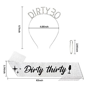 30th Birthday Sash & Rhinestone Dirty 30 Birthday Headband Kit- "Dirty thirty" Birthday Sash Happy 30th Birthday Decorations for Women 30th Birthday Gifts Party Decorations (Silver)