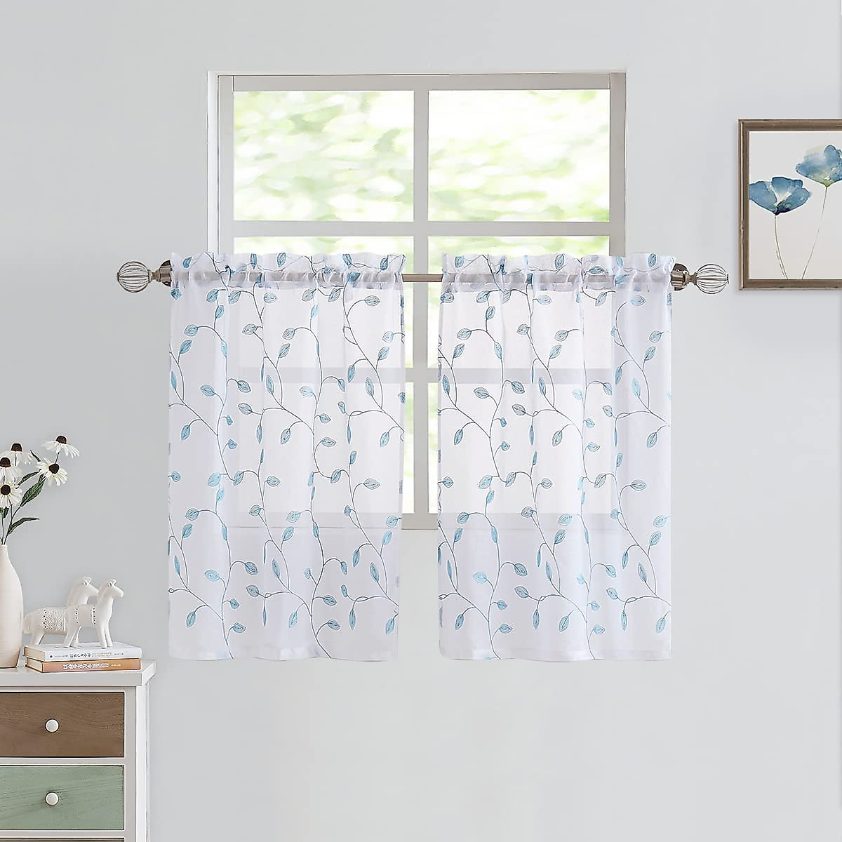 Fragrantex Sheer Kitchen Curtains 36" Length Spa Blue Leaf Embroidered Short Curtains for Bathroom Farmhouse Botanical Window Treatment Set for Cafe/Basement/Laundry,Rod Pocket 28" Wx36 L