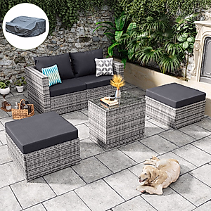 CHINNLUU Patio Furniture Set 5 Pieces Outdoor Conversation Set All-Weather Wicker Rattan Sectional Sofa with Ottoman Cushions Pillows for Lawn Pool Garden Backyard