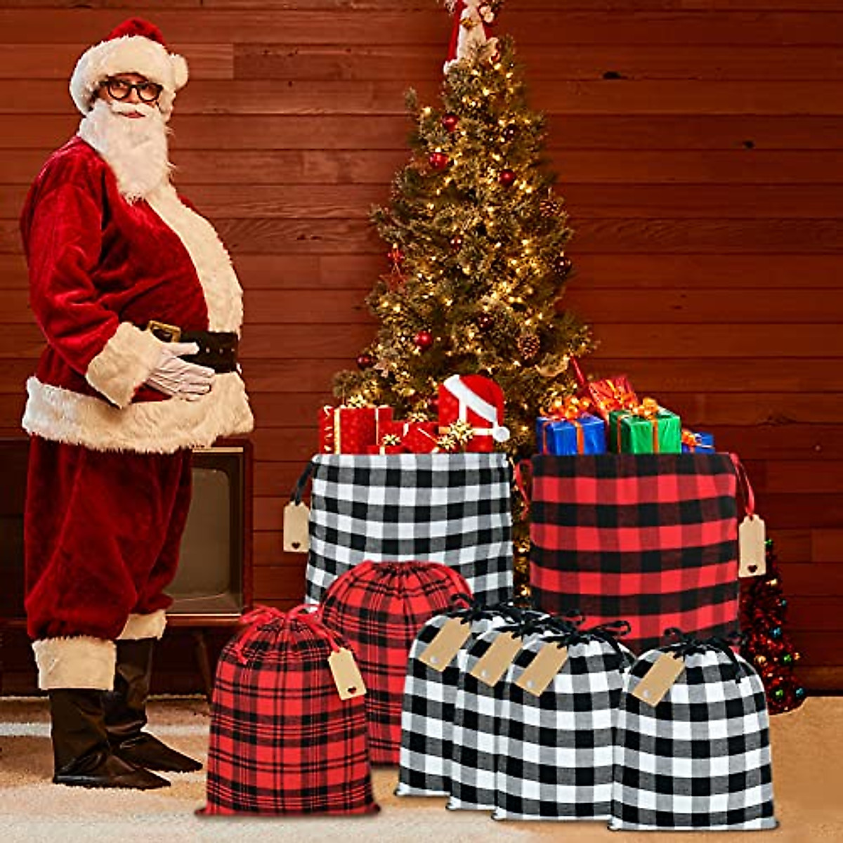 YQL Buffalo Plaid Drawstring Bags, 9Pcs Soft Flannel Christmas Gift Bags Assorted Sizes Christmas Fabric Bags Reusable Christmas Gift Bags for Christmas Package Birthday Holiday Party(Red&Black)