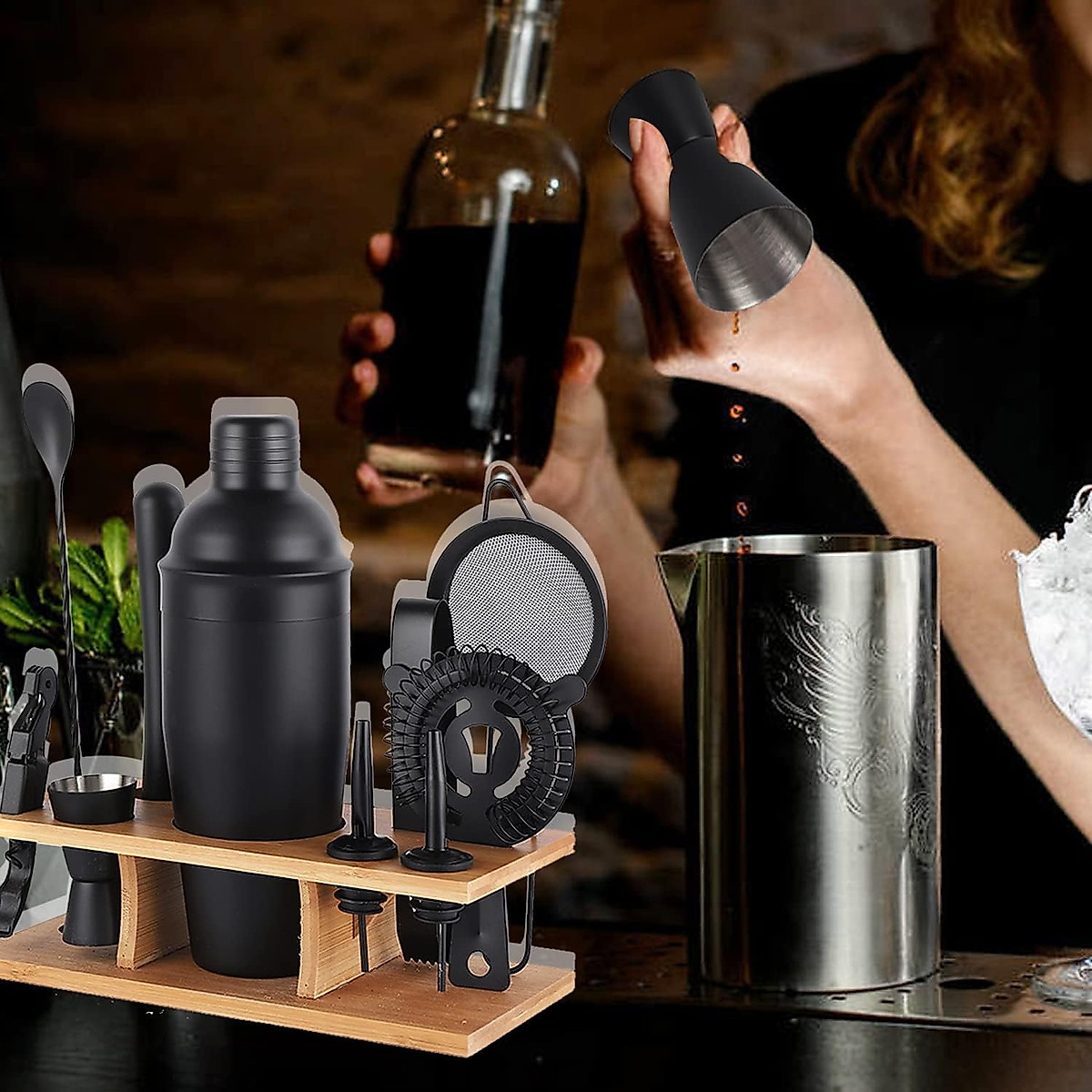 OBALY Bartender Kit 11-Piece Cocktail Shaker-Muddler for Cocktails 25oz Boston Shaker-Bar Accessories with Stylish Bamboo Stand Mix Drink Shaker kit Perfect Martini kit with Cocktail Recipes Booklet