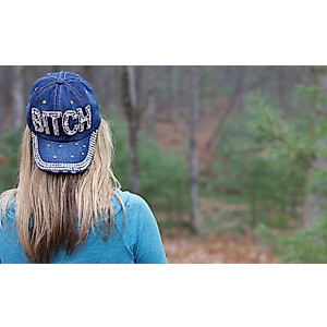 Popfizzy Bling Bitch Hat for Women Rhinestone Hat, Bedazzled Baseball Caps, Distressed Hat, Sparkle Studded Denim Ball Caps (Bitch)