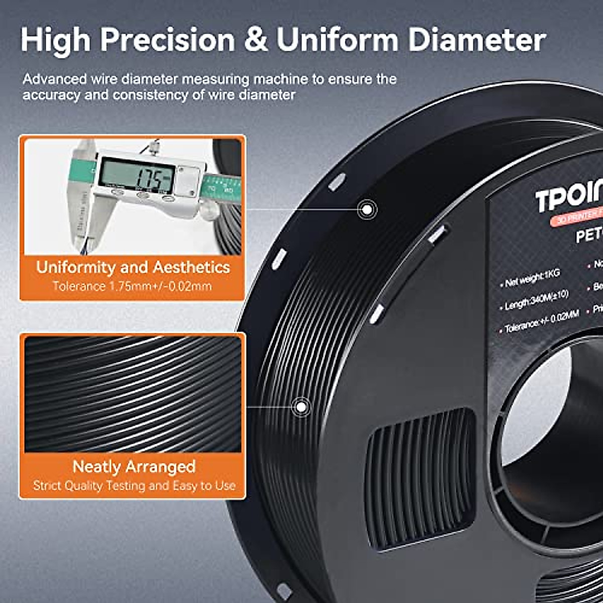 TPOIMNS PETG Filament 1.75mm, 3D Printer Filament, 1kg Roll Spool(2.2lbs), Dimensional Accuracy +/- 0.02 mm, Compatible with Most FDM 3D Printers, Black