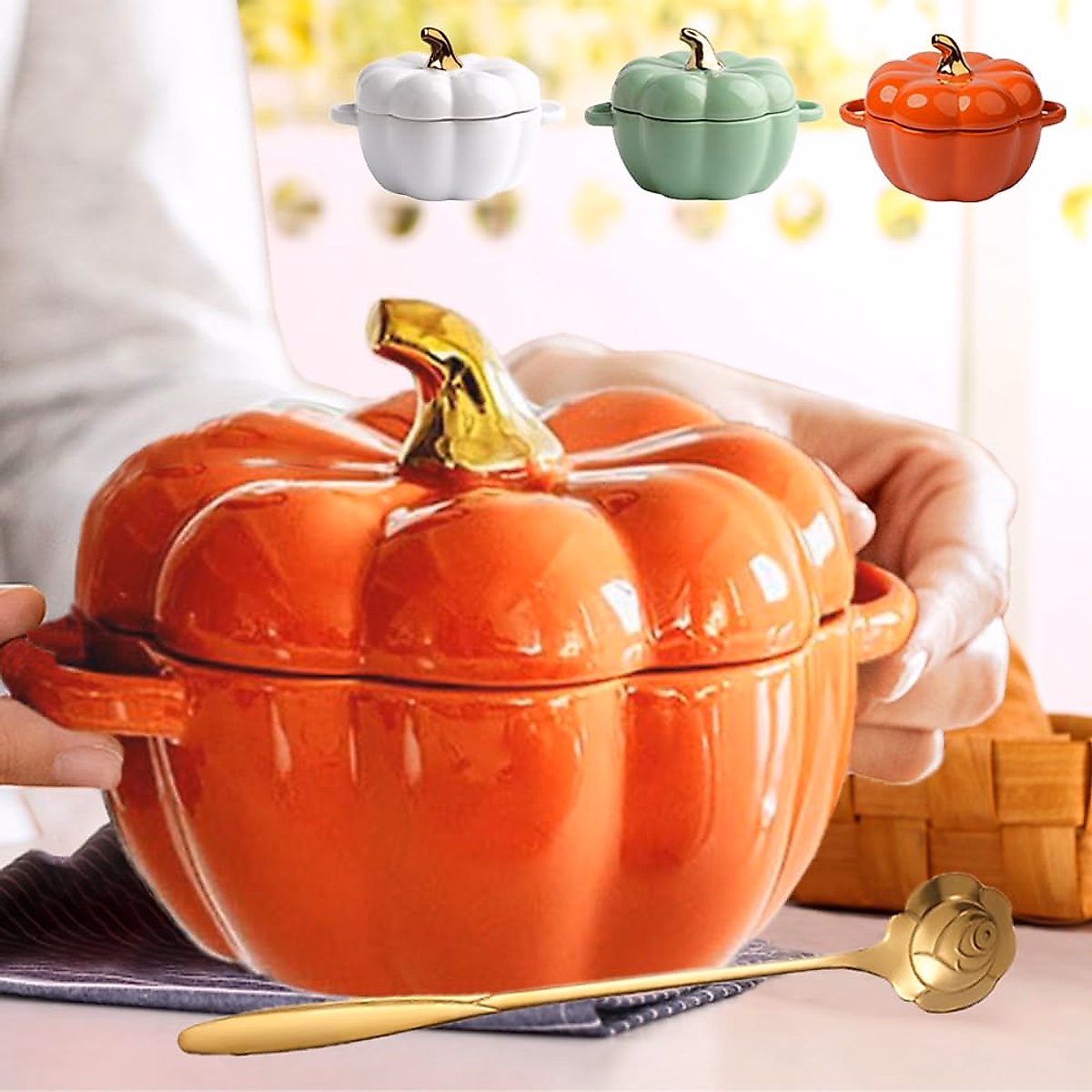 Fall Pumpkin Ceramic Bowl with Lid, 15 oz Microwave & Dishwasher Safe Pumpkin Soup Bowl with Handle, Pumpkin Decor Storage Jar for Home Thanksgiving Halloween Party, Pumpkin Dish,Halloween (Orange)