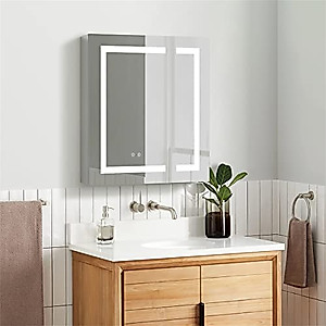 WELLFOR Lighted Mirrored Cabinet with Defogger, Dimmer, Outlets & USB Ports, Wall Mounted Bathroom Medicine Cabinet, Bathroom Makeup Mirror, Recessed or Surface, Double Opening Doors, 30" X 30"
