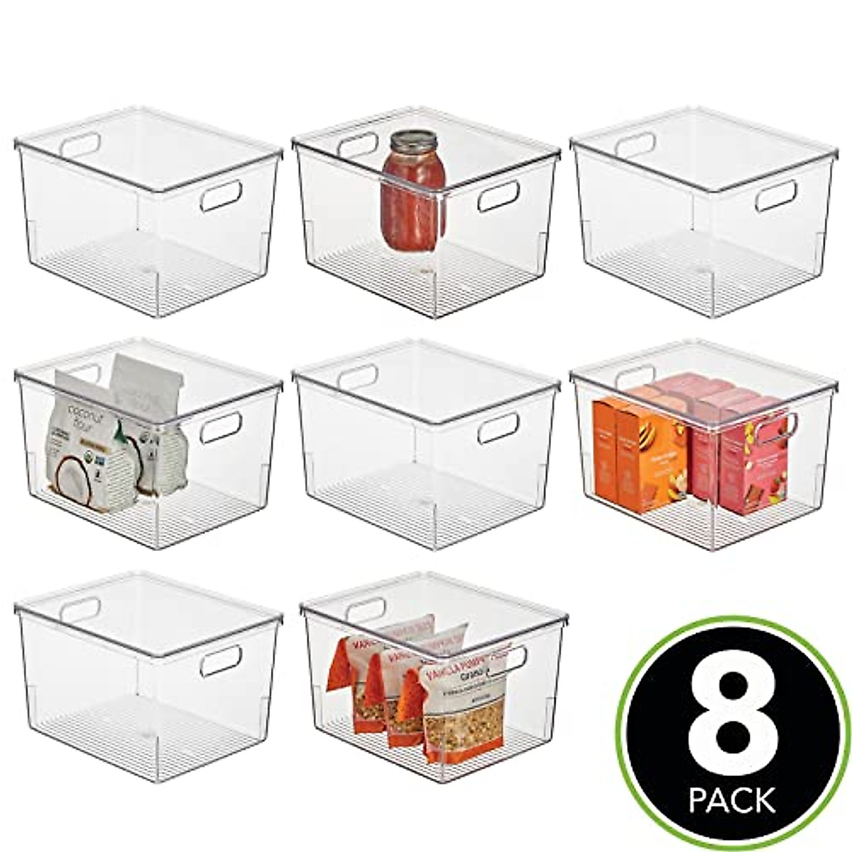 mDesign Large Plastic Stackable Kitchen Cabinet Storage Bin Box, Handles and Lid - Fridge, Cabinet, Counter Organizer for Snacks, Food, Drinks, or Supplies, Ligne Collection, 8 Pack, Clear