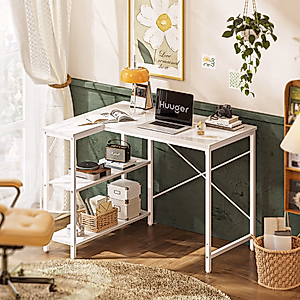 Huuger L Shaped Desk, 39 Inches Computer Desk with Reversible Storage Shelves, Gaming Desk, Corner Desk Home Office Desks, Writing Desk Study Desk with Metal Frame, White