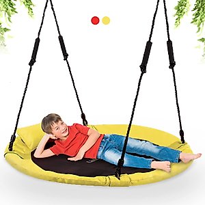 Saucer Tree Swing for Kids, LITTLELOGIQ 40 Inch Outdoor Swing Sets for Backyard, Round Flying Swing with 2 Hanging Straps, 700lb Capacity, Adjustable Ropes, Easy Setup, for Adults & Kids - Yellow