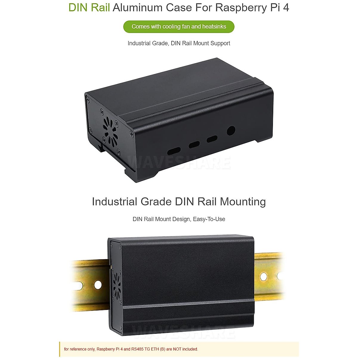 Waveshare DIN Rail Aluminum Case for Raspberry Pi 4 with Cooling Fan and Heatsinks