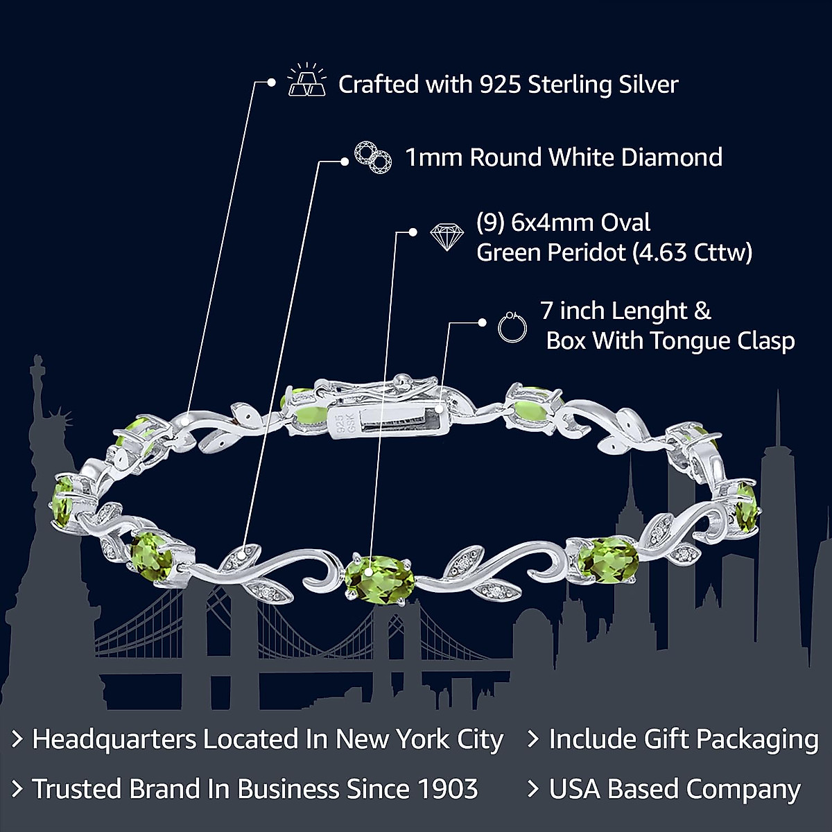 Gem Stone King 4.63 Cttw Oval Green Peridot and Diamond Greek Vine Tennis Bracelet For Women | 925 Sterling Silver | Gemstone Birthstone | 7 Inch