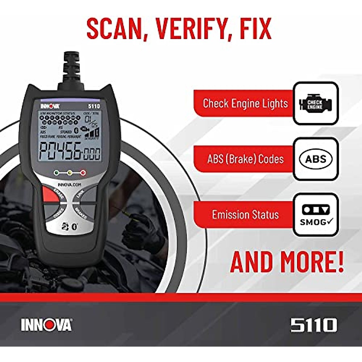 INNOVA 5110 - Newest 2022 OBD2 Scanner with ABS, Free Updates, Real Customer Service from Trusted USA Company, Smog Check & Check Engine Light Reset, Get Verified Repairs & Parts on iPhone or Android