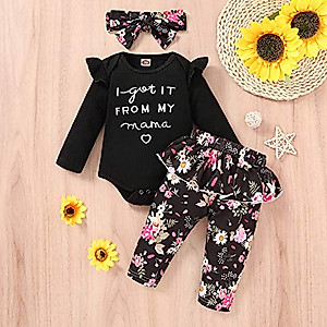 YOUNGER TREE 3PCS Newborn Infant Girls Clothes Baby Girl Fall Outfits Mustard Yellow Romper Baby Clothes Gril Winter Outfits (12-18 Months, Black Romper+Floral Skirt Pants Set)