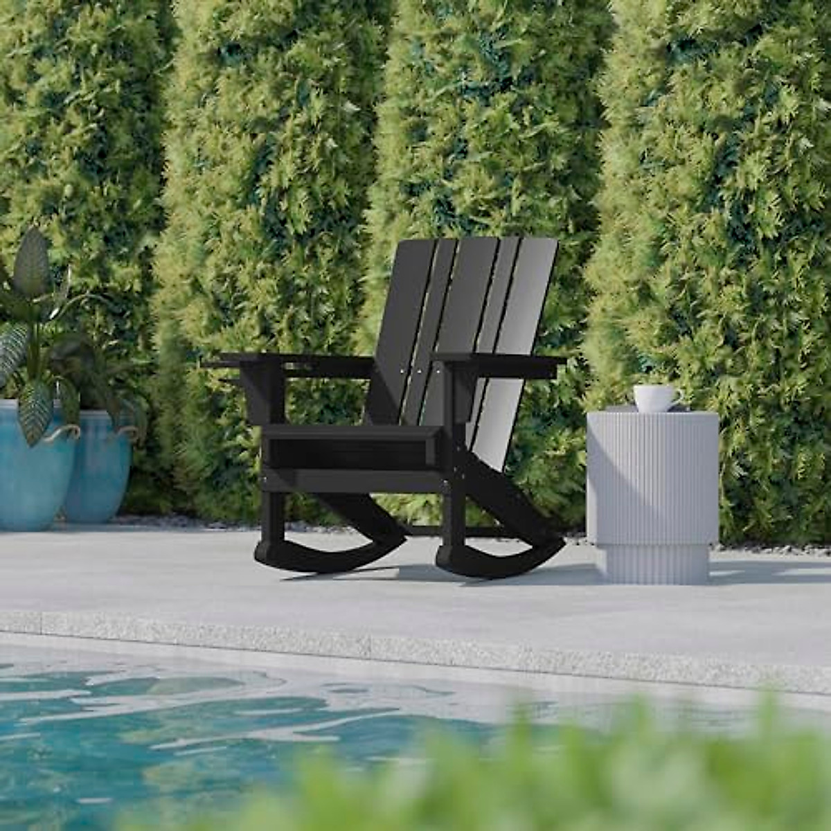 Flash Furniture Halifax Adirondack Rocking Chair with Cup Holder, Weather Resistant Poly Resin Adirondack Rocking Chair, Black