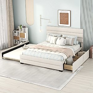 Harper & Bright Designs Queen Size Bed with 2 Storage Drawers & a Twin Trundle, Upholstered Platform Frame with Tufted Headboard, Linen Fabric, No Box Spring Needed,Beige