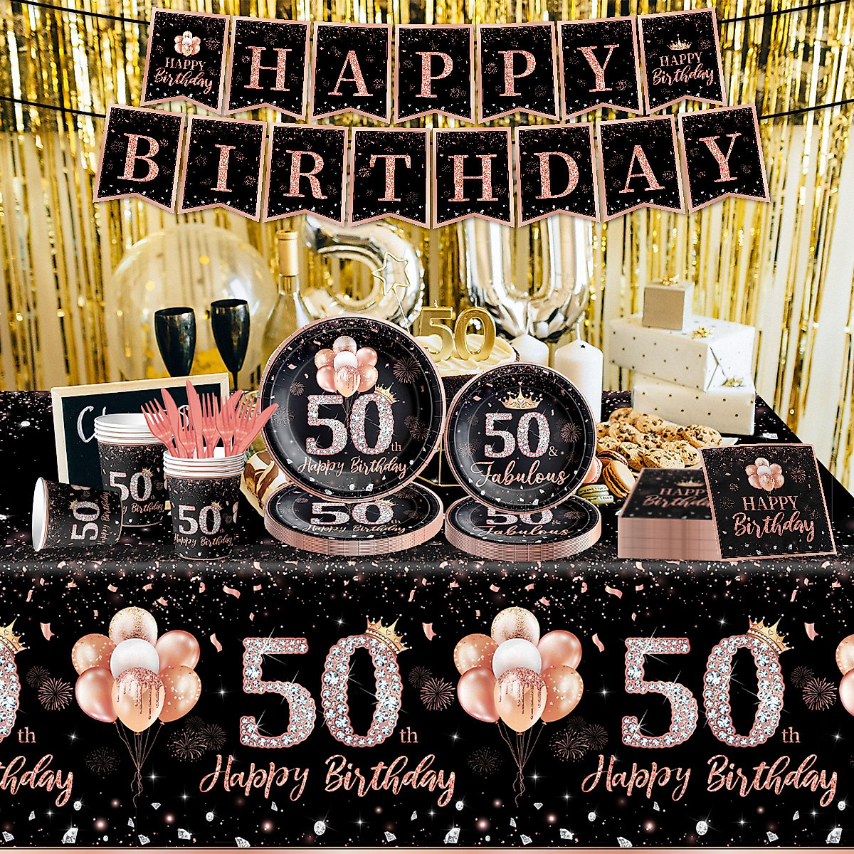 142Pcs 50th Birthday Tableware Decorations for Women Rose Gold Happy 50 Birthday Themed Tableware Set Disposable Tablecloth,Plates,Napkins,Cups,Forks and Knives of 50 Years Old Birthday Party