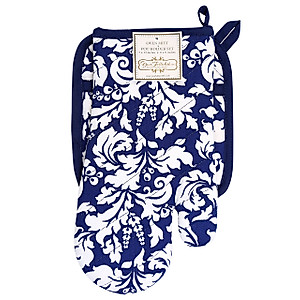 Yourtablecloth Set of Oven Mitt and Pot Holder or Oven Gloves-100% Cotton, High Heat Resistance, Superior Protection & Comfort–Elegant Design-Machine Washable-Nautical Blue
