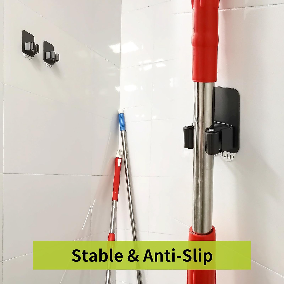 PHIXBEAR Damage Free Hanging Mop and Broom Holder, Wall Mount Stainless Broom Hanger No Drill Self Adhesive, 2 Holder, 8 Strips