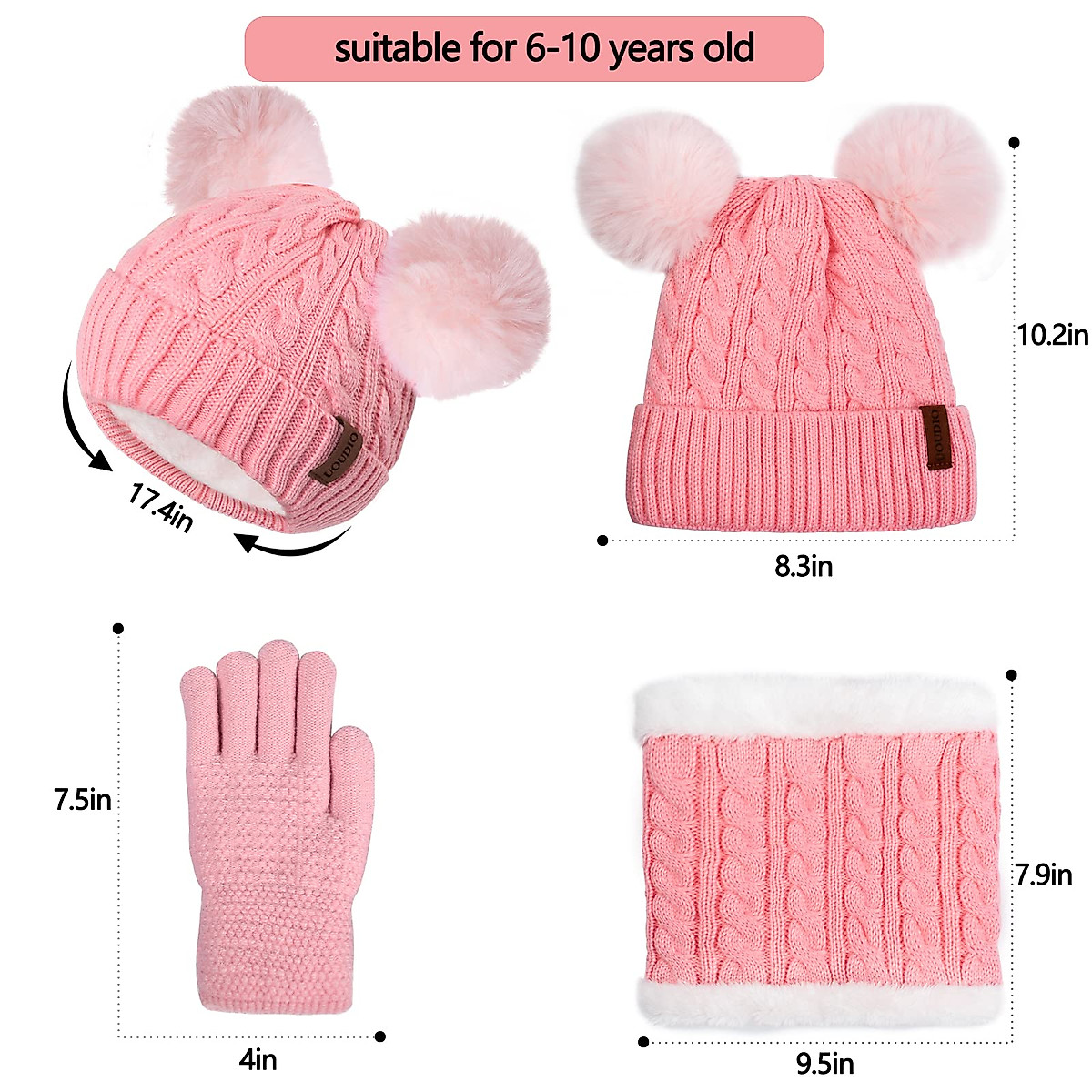 Kids Winter Hats Gloves Scarf Set for Girls Toddler Beanie Baby Neck Warmer Warm Thick Fleece Lining Thermal Pink Knit Cap with Cute Pom Pom for 6-10 Years Old, Gifts for Childrens