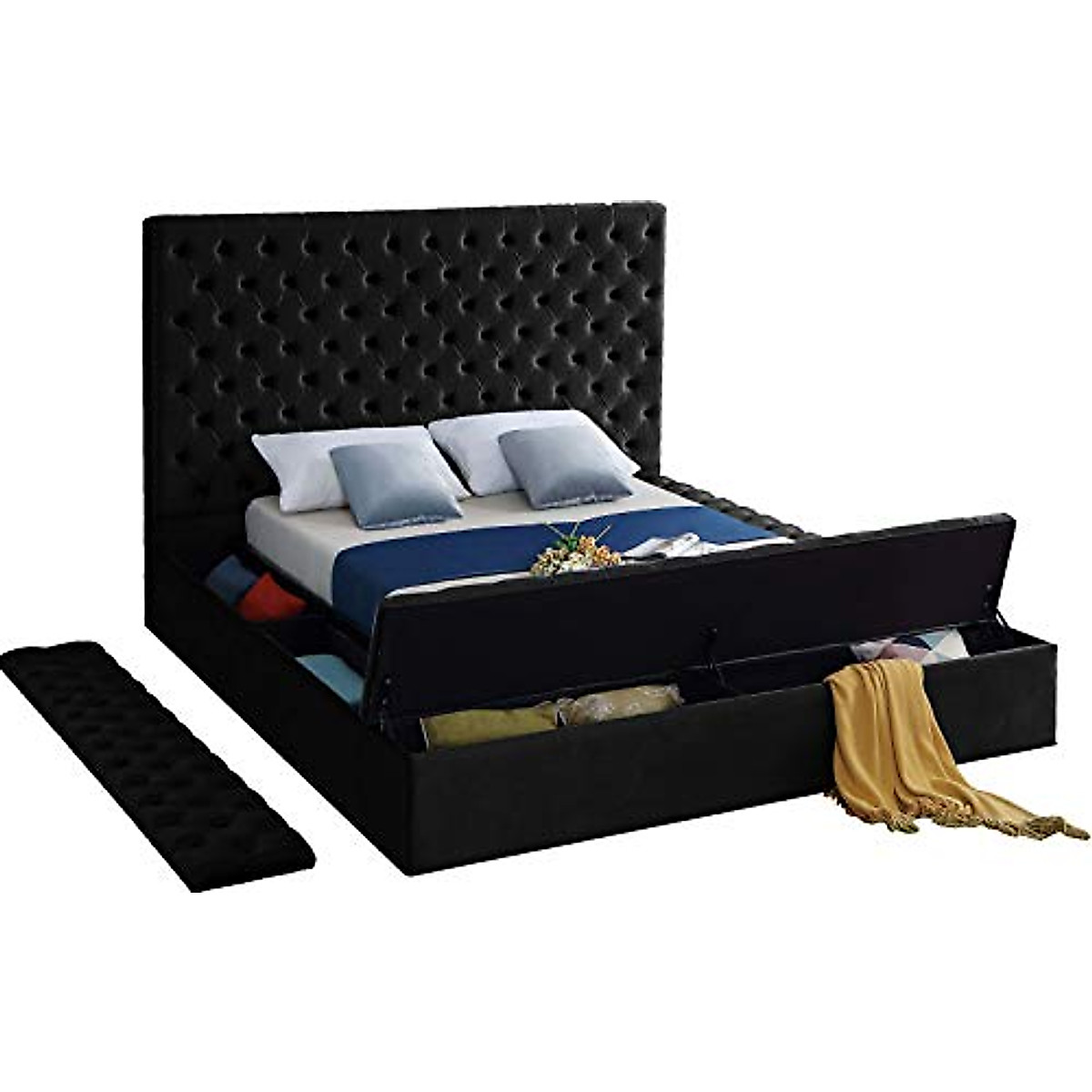 Meridian Furniture Bliss Collection Modern | Contemporary Velvet Upholstered Bed with Deep Button Tufting and Storage Compartments in Rails and Footboard, Black, King