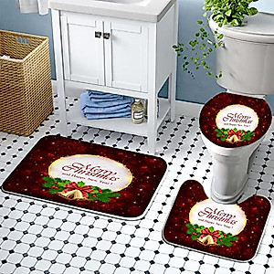 CALARVUK 4PC Merry Christmas Bathroom Sets with Shower Curtain and Rugs, Golden Christmas Bells Shower Curtain Set with Non-Slip Rugs, Toilet Lid Cover and Bath Mat, Holiday Bathroom Decoration Set