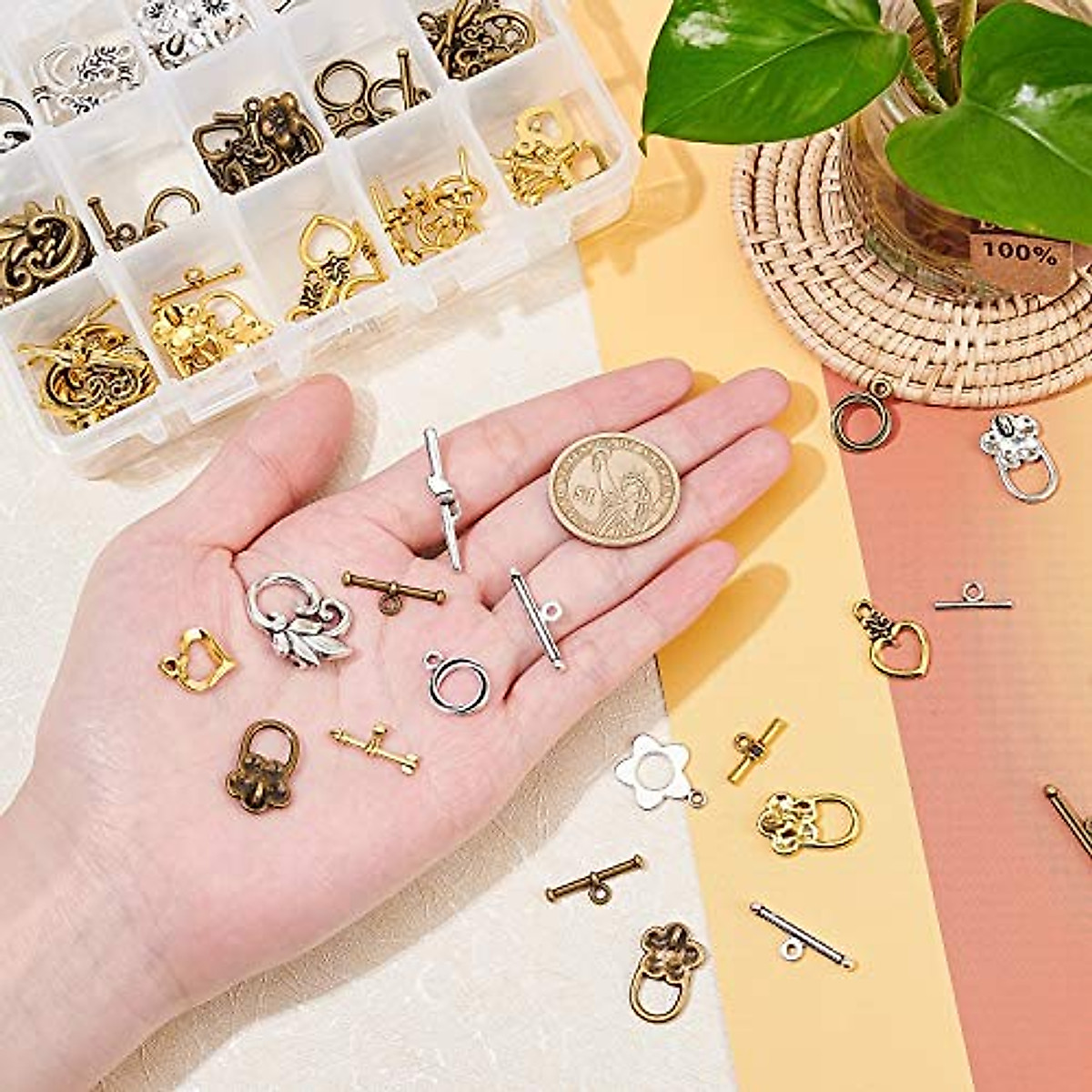 PH PandaHall 60 Sets Toggle Clasp, 15 Styles T-bar Closure Clasps IQ Toggle Clasps Flower Heart Clasps Fastener Hook Toggle Connectors TBar End Clasps for Necklace Bracelet Jewelry Making