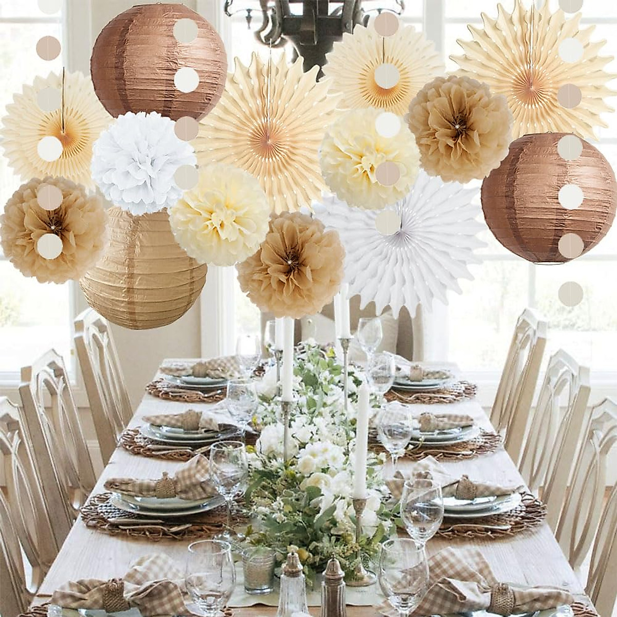 Neutral Party Decorations Boho Brown and Cream Party Decorations Tan Brown Paper Lanterns Fans Beige White Pom Poms with Circle Garland for Rustic Baby Shower Bridal Shower Birthday Wedding Engagement