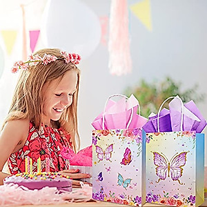 16 PCS Butterfly Party Gift Bag Favors Bags with Tissue Paper Goodie Paper Bags Pink and Purple Flowers Candy Paper Bags with Handles for Kids Girl Birthday Party Decor Baby Shower(8.2" x 5.9" x 3.1")