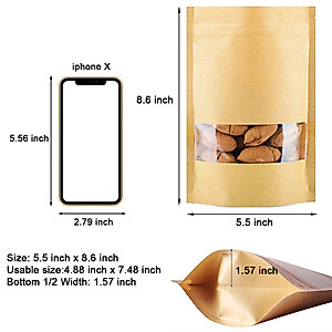 100 Pcs Resealable Stand Up kraft Paper Bags with Window for Packaging Products, Reusable Zip Lock Food Storage Pouch Bags (5.5" x 8.6")