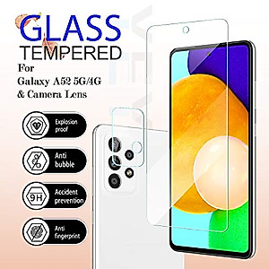 Galaxy A52 HD Clear Tempered Glass Screen Protector + Camera Lens Protectors by YEYEBF, [2+2 Pack] [3D Glass] [Anti-Glare] [Bubble-Free] Screen Protector Glass for Samsung Galaxy A52