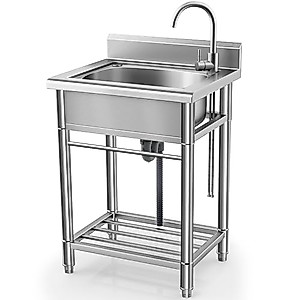 Utility Sink Free Standing Single Bowl Kitchen Sink with Cold and Hot Water Pipe Stainless Steel Sink for Laundry Room Bathroom Farmhouse
