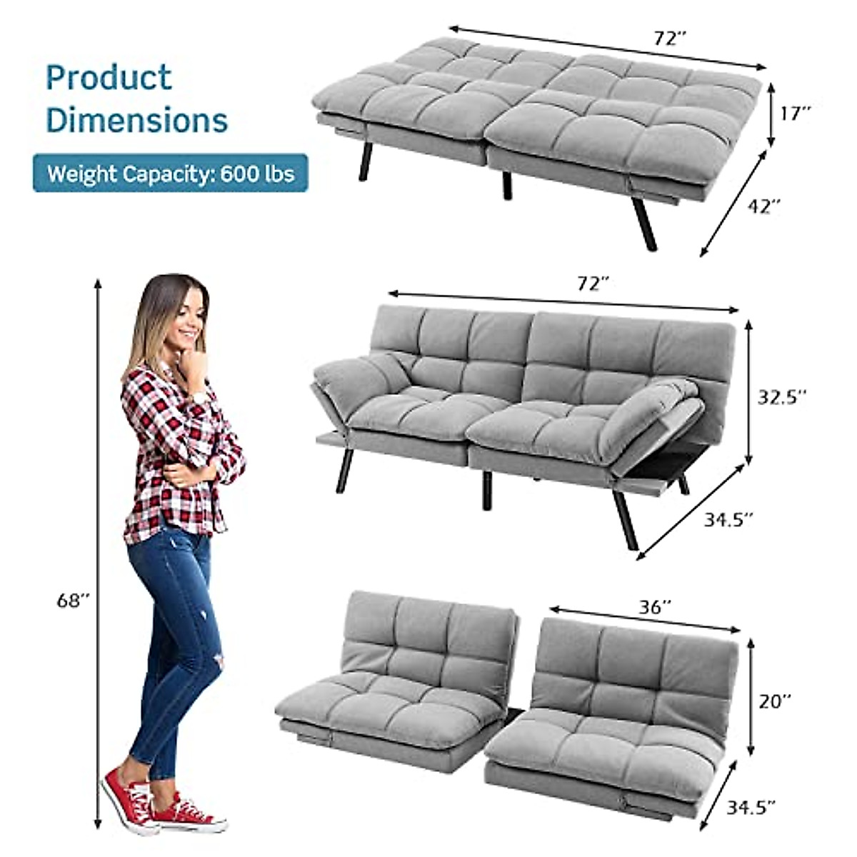 KOMFOTT Futon Sofa Bed, Linen Fabric Memory Foam Convertible Futon Couch with Adjustable Backrest & Armrests, Metal Legs, Modern Loveseat Sleeper Bed Split-Back Sofa for Small Apartment & Office