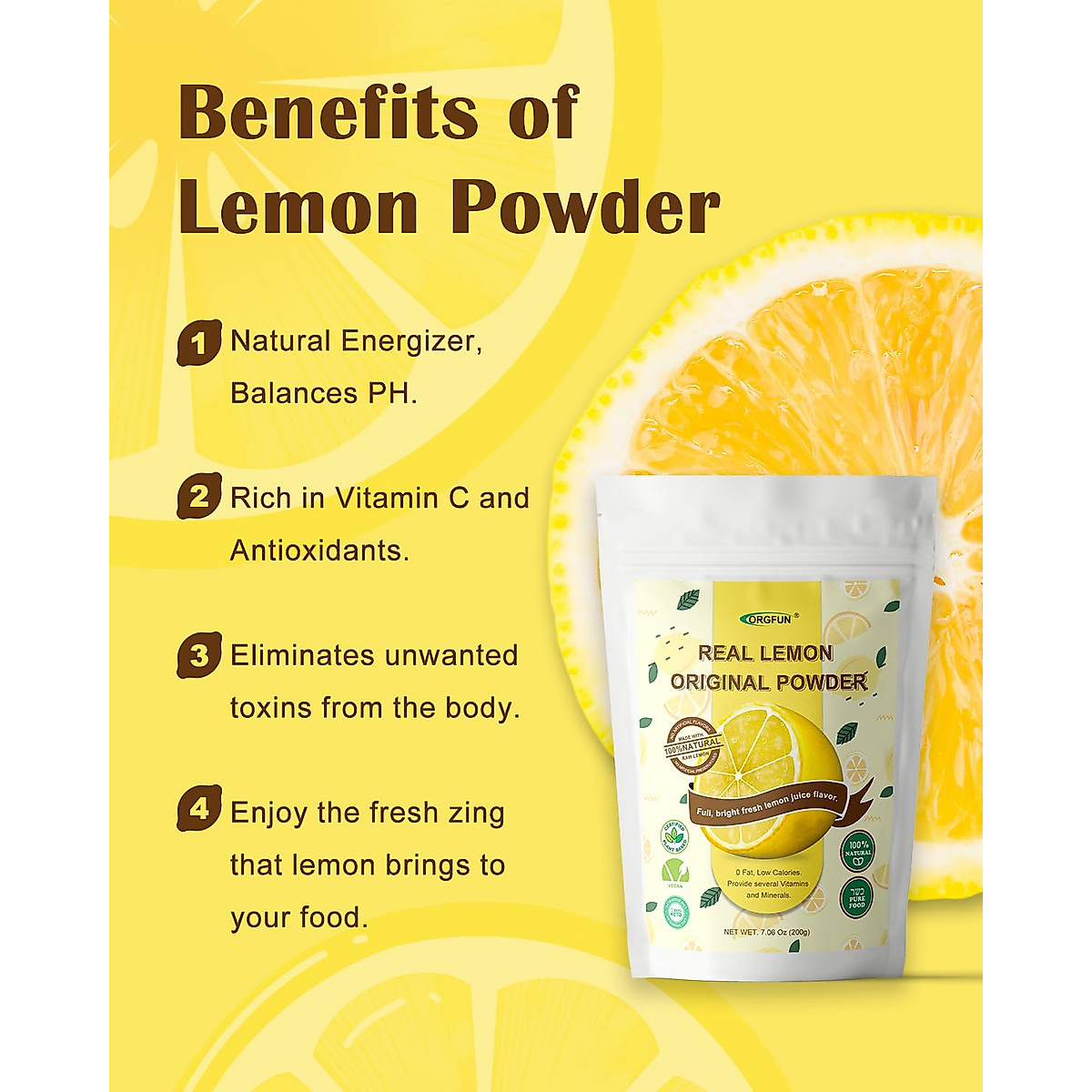 ORGFUN Original Lemon Powder Made with Real Lemons, Freeze Dried Juice Powder, Strong Fresh Lemon Flavor Great for Beverages, Smoothies, Baking 7.06 Oz