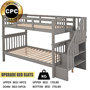 Harper & Bright Designs Bunk Beds Twin Over Twin with Stairs, Wood Bunk Bed Frame with Storage and Guard Rail,Twin Bunk Beds for Kids, Bedroom, Dorm, Teens, Adults,Grey
