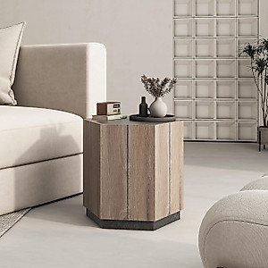 Tidyard Hexagonal Rural Style Garden Retro with Drawer Living Room Corner Table Textured Black and Warm Oak Sofa End Side Table, Bedside Nightstand for Living Room Bedroom Kitchen Bathroom