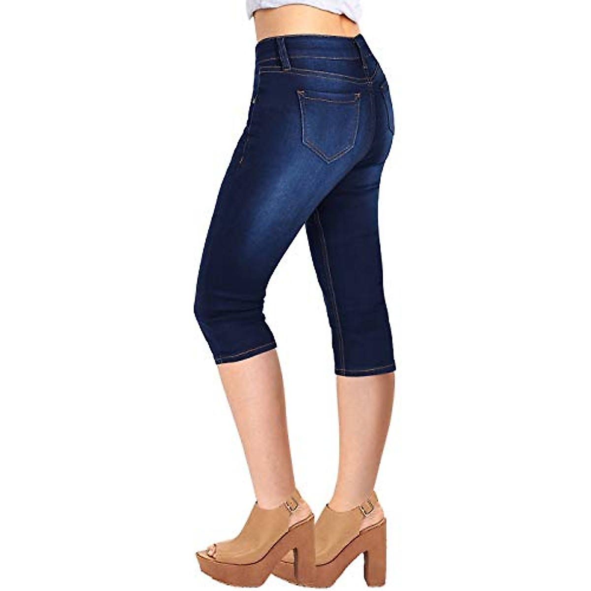 2LUV Women's Stretchy 5 Pocket Skinny Denim Blue Capri Jeans Denim Blue 13