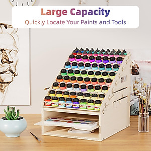 YAGEANNL Wooden Paint Organizer, Paint Rack Organizer with 76 Holes of 2 Sizes and 16 Brush Holders, 2 Cabinets Suitable for Citadel Paints, Craft Paint Storage Organizer for Miniature Paint Set