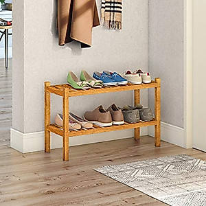INTERBUILD Acacia Solid Wood Shoe Storage Organizer 2-Tier Stackable Shoe Rack, Golden Teak