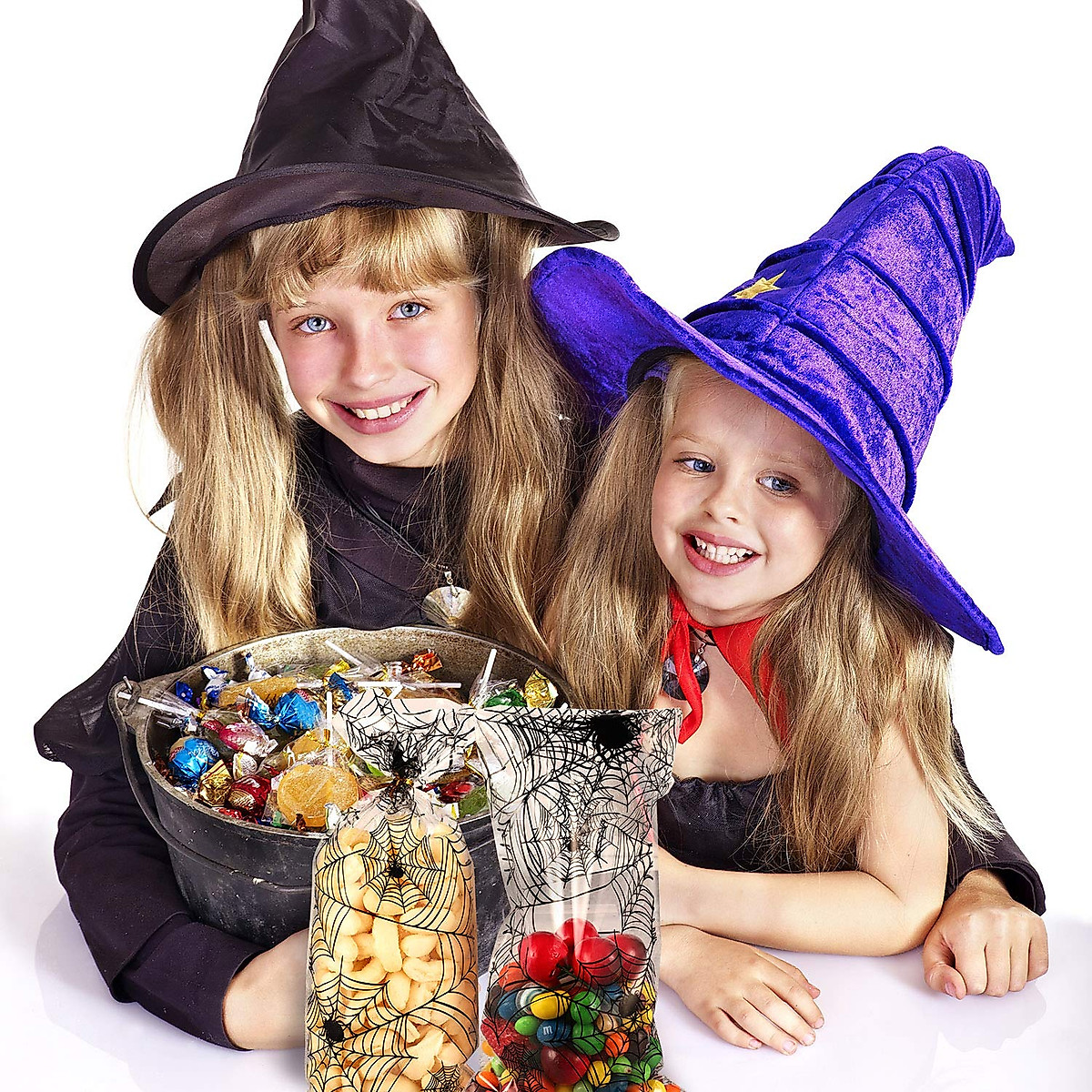 Boao 150 Pcs Halloween Cellophane Treat Bags Clear Plastic Candy Bags with 150 Twist Ties 11 Inch Pumpkin Spider Web Halloween Goodie Bags for for Snacks Cookies Gift Kids Halloween Party Favor