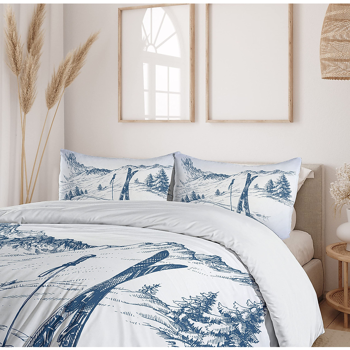 Ambesonne Winter Duvet Cover Set, Sketchy Graphic of a Downhill Ski Elements in Snow Relax Calm View, Decorative 3 Piece Bedding Set with 2 Pillow Shams, California King, Blue White