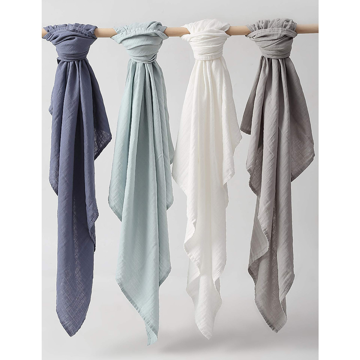 POMISO Muslin Swaddle Blankets, Baby Swaddle Blanket, Large 47 x 47 inches Muslin Baby Blanket wrap for Baby Boys and Girls, 4 Pack, Solid Color, Grey Blue White Green