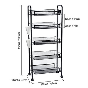 Goodliest Rolling Carts with Wheels, Metal 5 Tier Kitchen Storage Cart with Baskets for Office Bathroom Kitchen Laundry Room Narrow Places (Black)