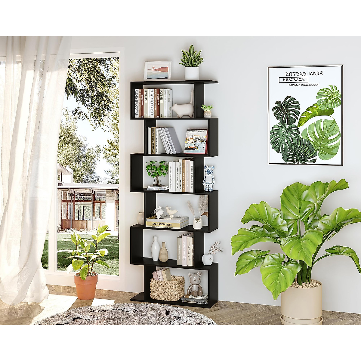 Yusong Bookshelf 6-Tier, Geometric Bookcase S Shaped Book Shelves for Bedroom, Modern Wood Decorative Display Shelf Tall Book Case for Home Office, Black