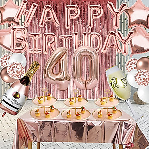 40th Birthday Decorations Women - Rose Gold 40 Birthday Decor for Her, Happy Birthday Banner, Table Cloth, Cake Topper, Bday Sash and Crown, Balloons Set for Forty Years Old Party Supplies