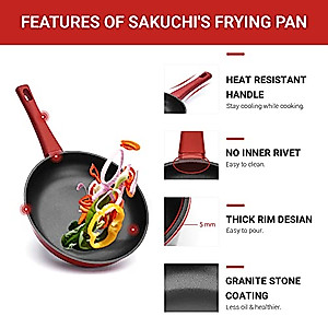 Sakuchi Nonstick Frying Pan with Lid 11 Inch, Skillet Non Stick for Induction Cooktop, Cooking Pan with Bakelite Handle, Green (11“-Red, 11In with lid)
