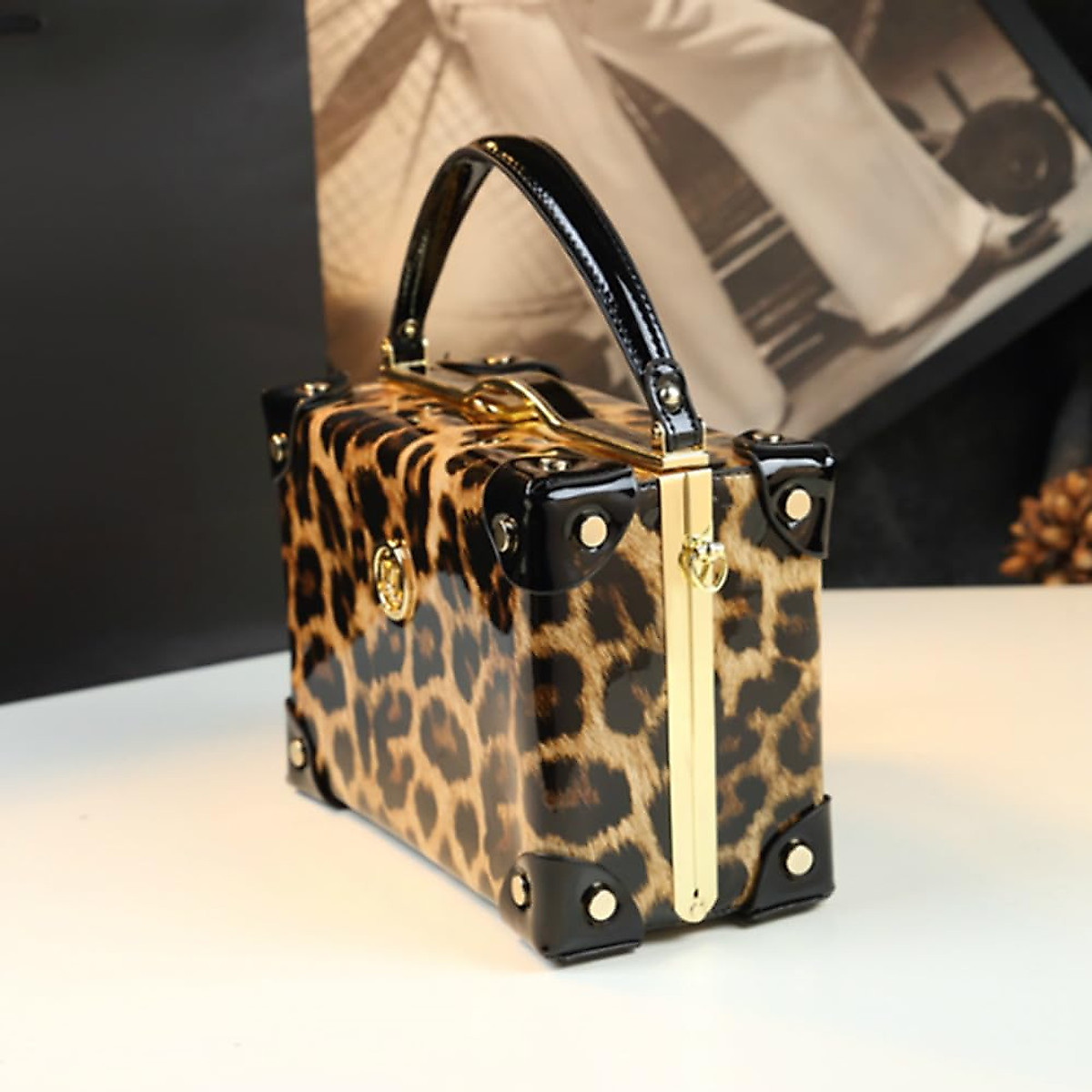 HANSOMFY Fashion Women's Top Handle Satchel Handbags Leather Evening Bag Purses Small Hard Square Box Shoulder Bags (Leopard)