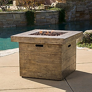 GDF Studio Augusta Patio Furniture ~ 3 Piece Outdoor Wicker Rocking Arm Chair and Propane (Gas) Fire Pit (Table) Set