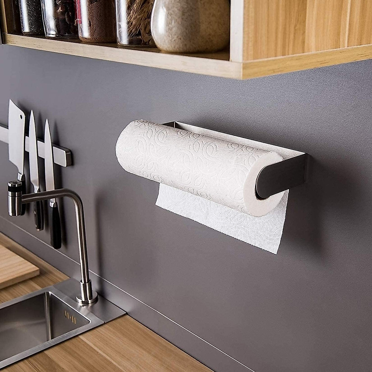 YIGII Towel Hooks + Paper Towel Holder Under Cabinet - Self Adhesive for Kitchen,SUS-304 Stainless Steel Brushed