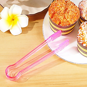 10 Pcs Plastic Buffet Serving Tongs, Clear Pink Kitchen Tongs Mini Serving Utensil Tongs for Food Ice Salad Buffet Barbecue Cookies, 6.3 Inches