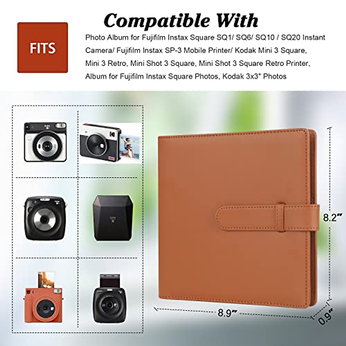 192 Pockets Photo Album for Fujifilm Instax Square SQ1/SQ6/SQ10/SQ20 Camera, Kodak Mini 3 Square,Mini Shot 3 Square, Mini Shot 3 Square Printer, Album for Instax Square Photo, Kodak 3x3" Photo (brown)