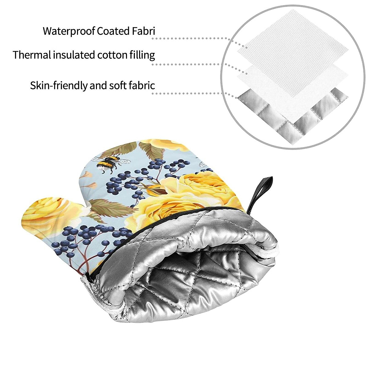 KLATIE Yellow Rose Oven Mitts and Pot Holders Set, Waterproof Heat Resistant Oven Gloves Hot Pads, Oven Mits Potholders for Kitchen Cooking BBQ Baking Grillin, 4-Piece Set